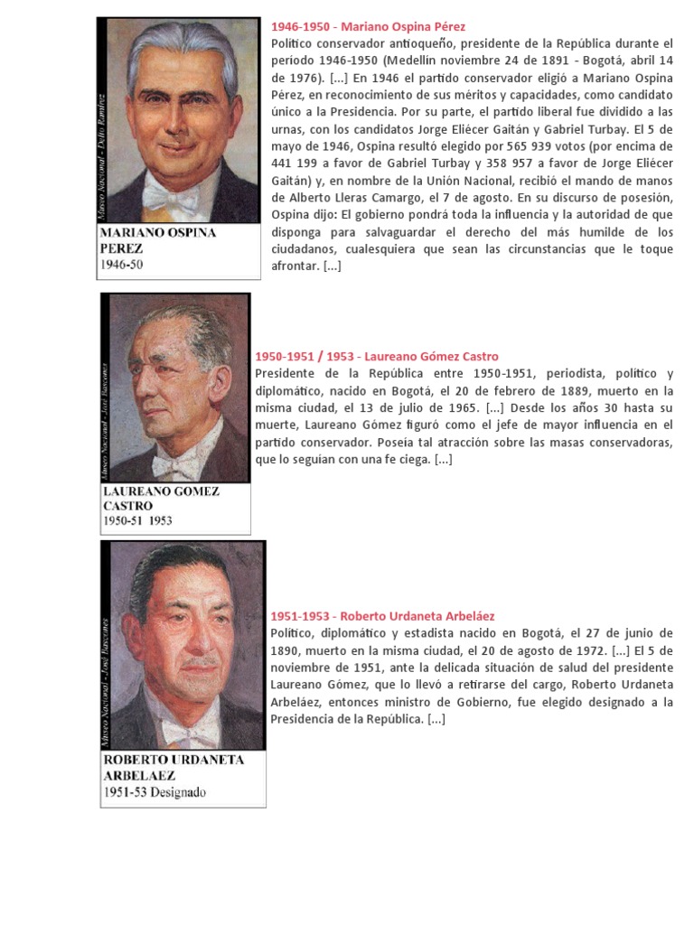 Presidentes de Colombia de 1950 A 2016 | PDF | Política de colombia ...