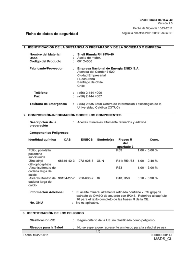 MSDS Shell Rimula | PDF | Guante | Agua