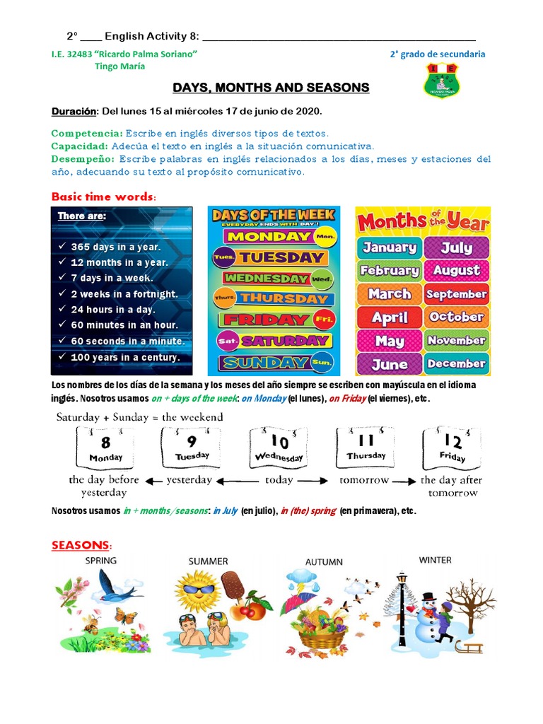 Días y meses en inglés: ejercicios prácticos | PDF | Idiomas