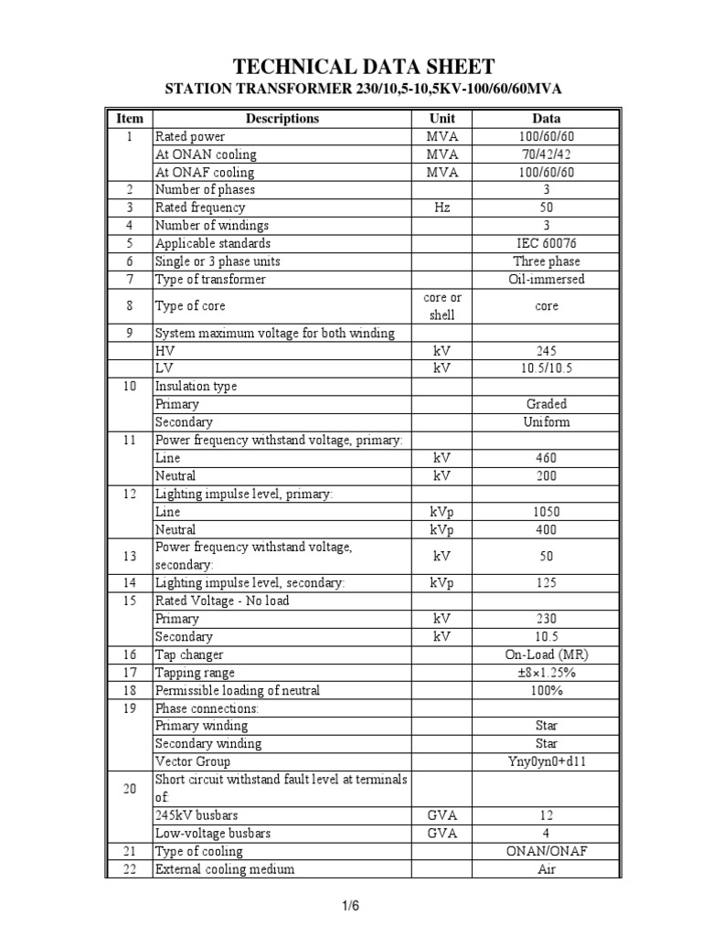 Technical Data Sheet: STATION TRANSFORMER 230/10,5-10,5KV-100/60/60MVA ...