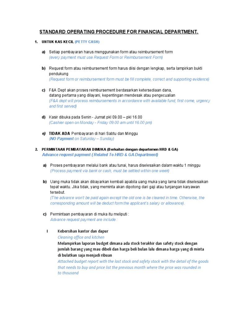Standard Operating Procedure For Financial Department | PDF