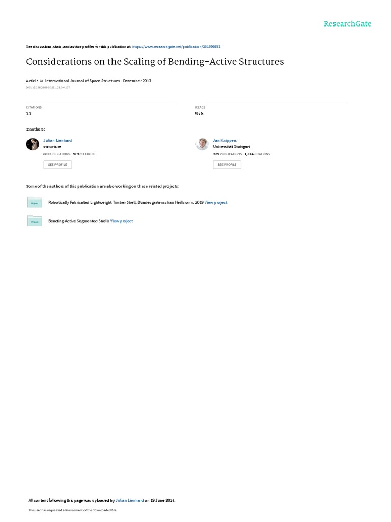 Lienhard - Considerations On The Scaling of Bending-Active Structures | PDF | Buckling | Bending