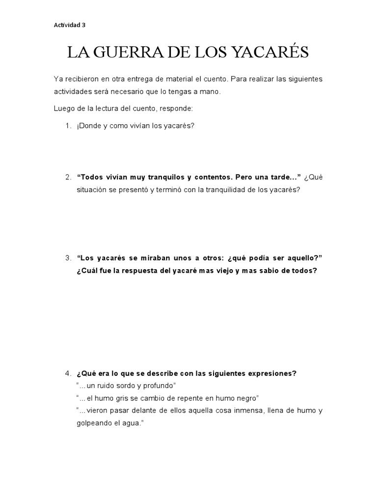 Actividades sobre "La guerra de los yacarés" | PDF
