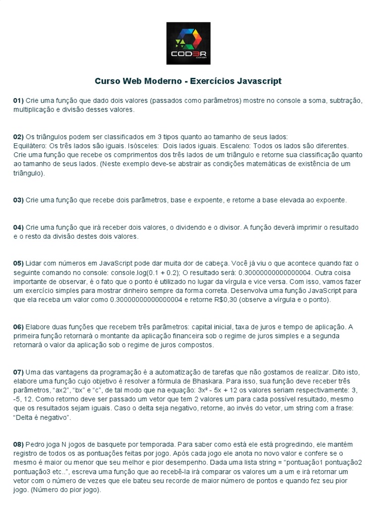 Exercícios Javascript | PDF Exercícios Javascript | PDF