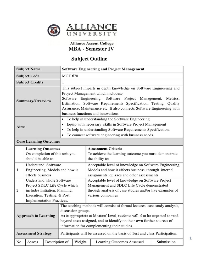SEPM Course Outline. | PDF | Project Management | Educational Assessment