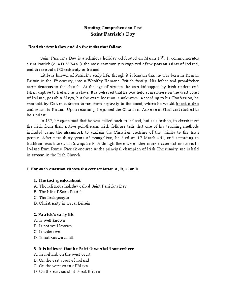 St. Patrick's Day Reading Comprehension | PDF | Saint Patrick | Ancient ...