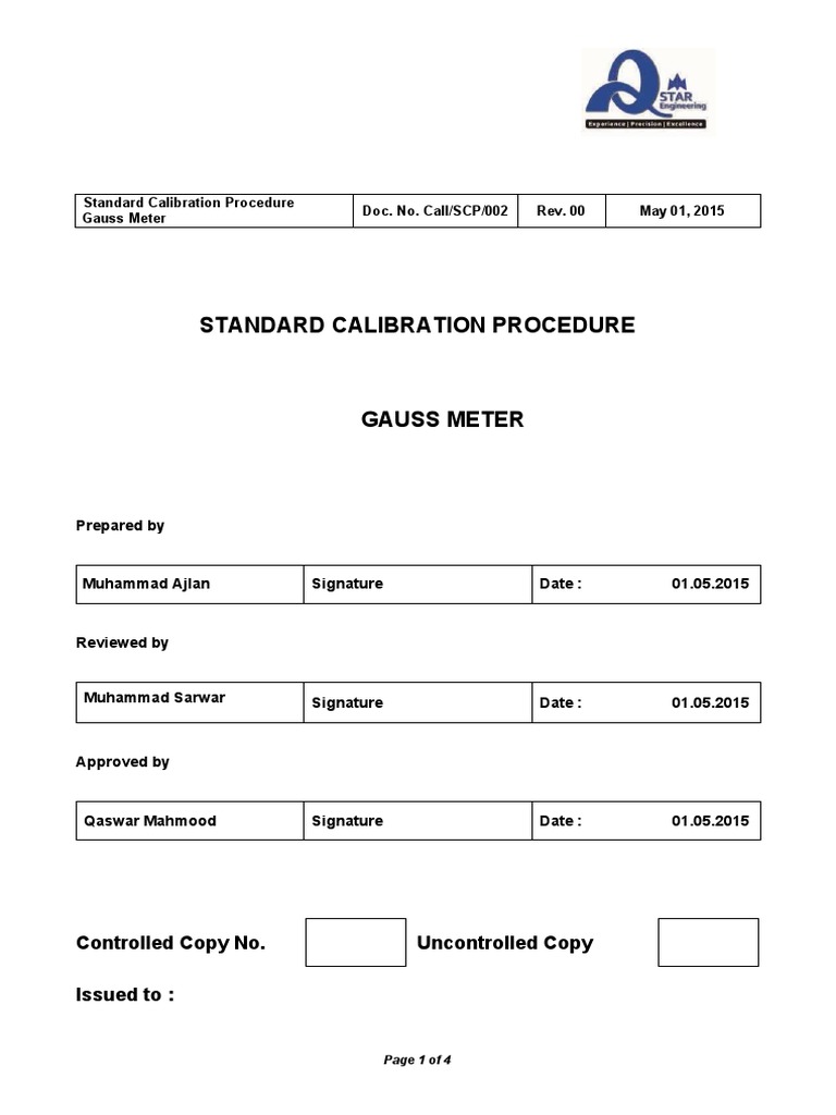 Standard Calibration Procedure Gauss Meter Doc. No. Call/SCP/002 Rev ...