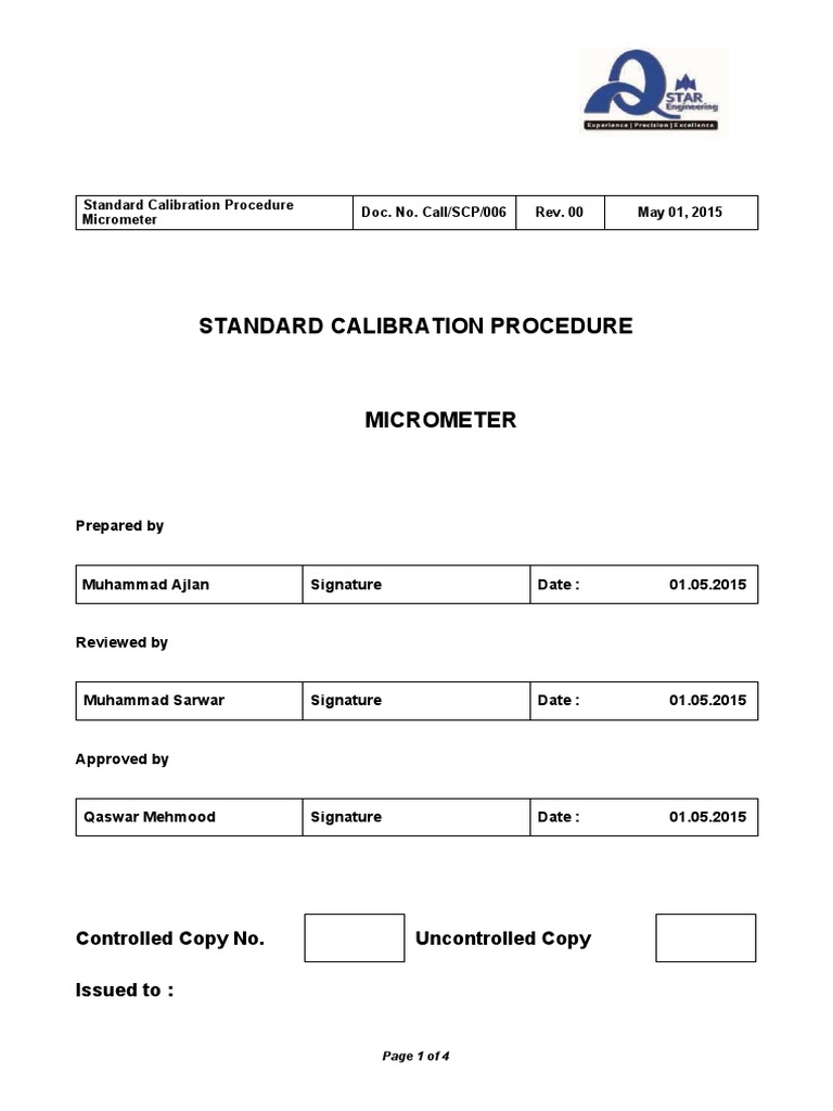 Standard Calibration Procedure Micrometer Doc. No. Call/SCP/006 Rev. 00 ...
