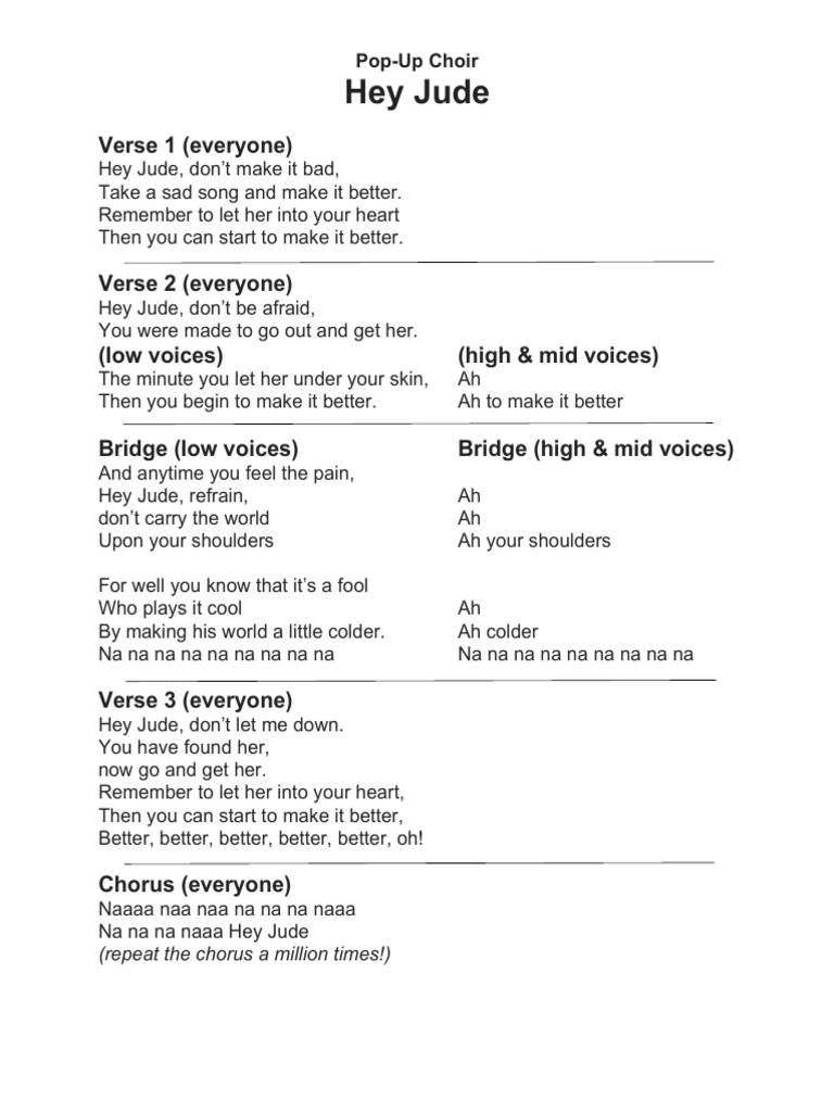 Hey Jude Lyrics - Pop Up Choir | PDF