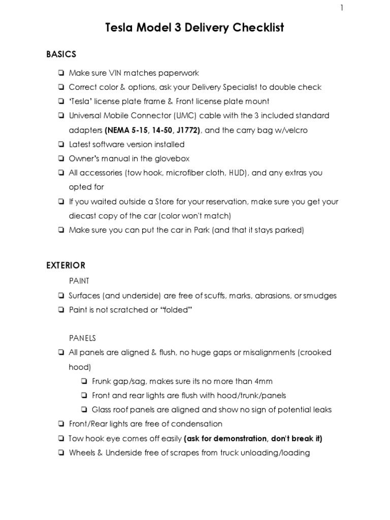 Tesla Model 3 Delivery Checklist | PDF | Trunk (Car) | Vehicle Technology