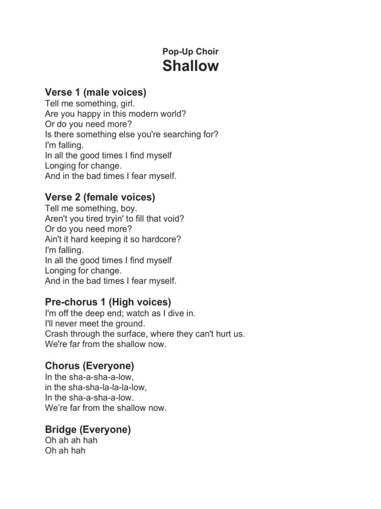 Shallow Lyrics - Pop Up Choir | PDF