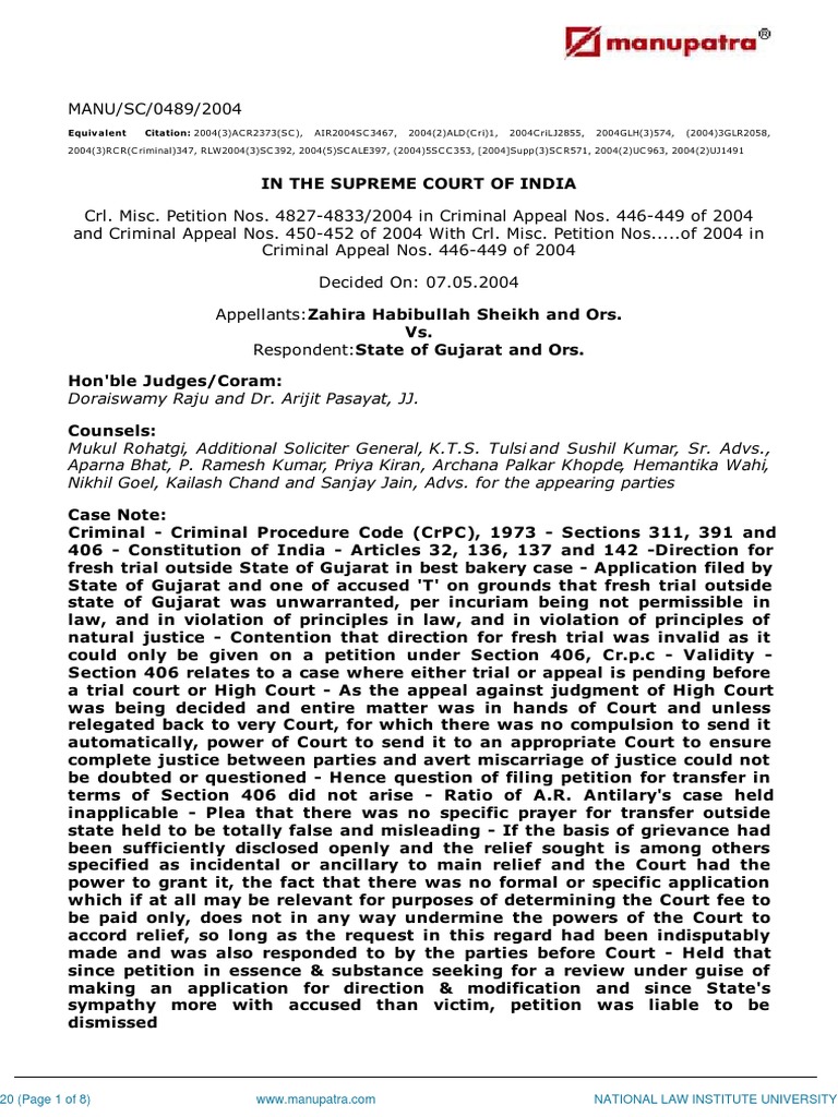 Zahira Habibullah Sheikh and Ors Vs State of Gujars040490COM369164 | PDF | Judgment (Law ...