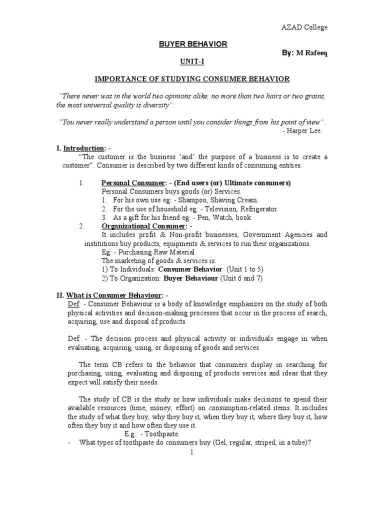 Buyer Behavior By: M Rafeeq Unit-I Importance of Studying Consumer Behavior | PDF | Market ...
