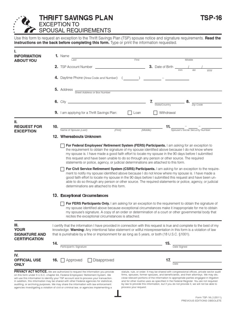Thrift Savings Plan TSP-16: Exception To Spousal Requirements | PDF ...