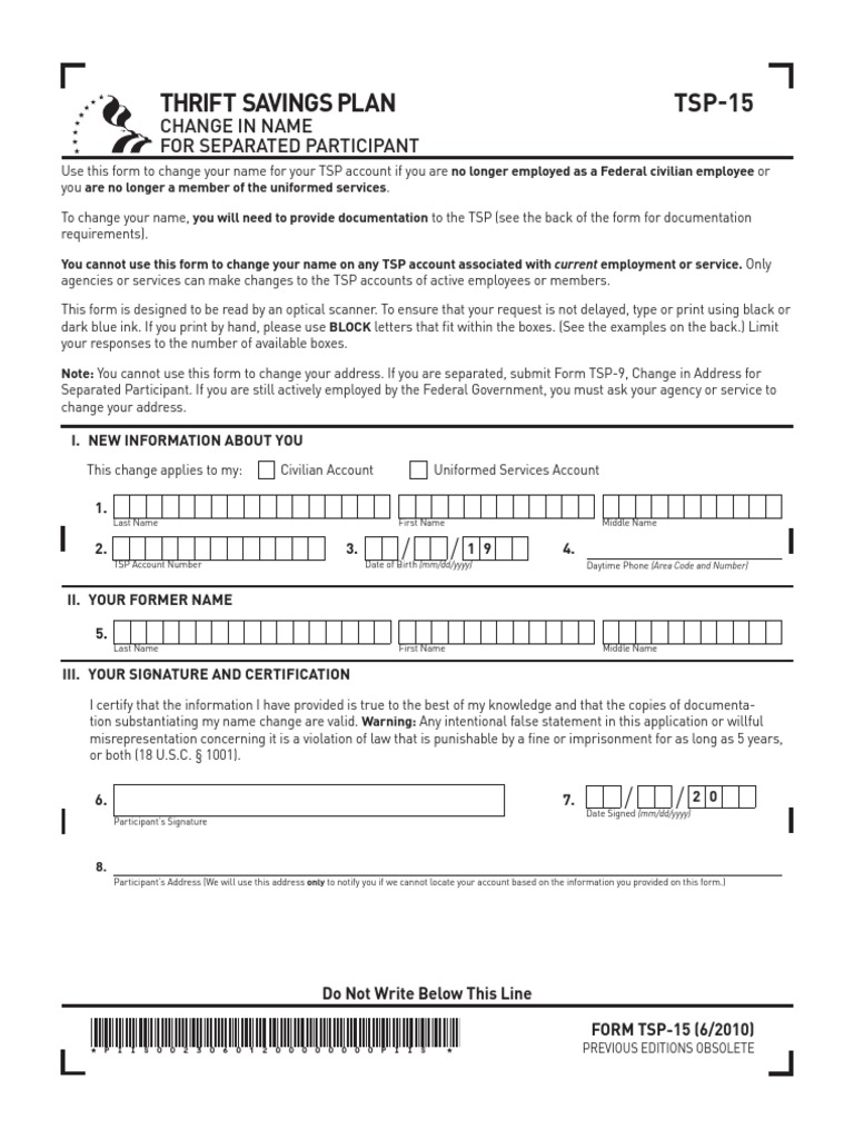 Thrift Savings Plan TSP-15: Change in Name For Separated Participant ...