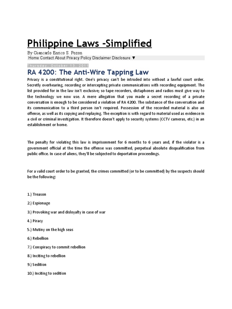 Philippine Laws - Simplified: RA 4200: The Anti-Wire Tapping Law | PDF ...