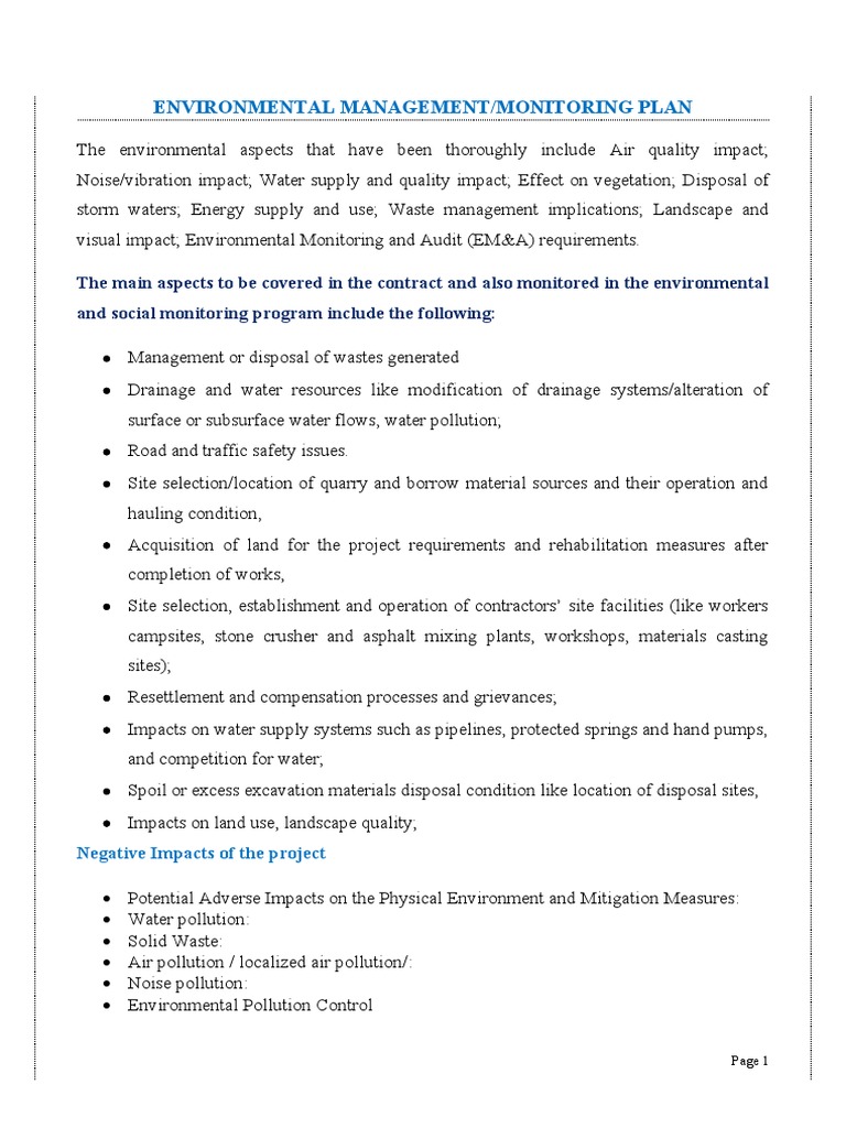 A Comprehensive Environmental Management and Monitoring Plan for ...