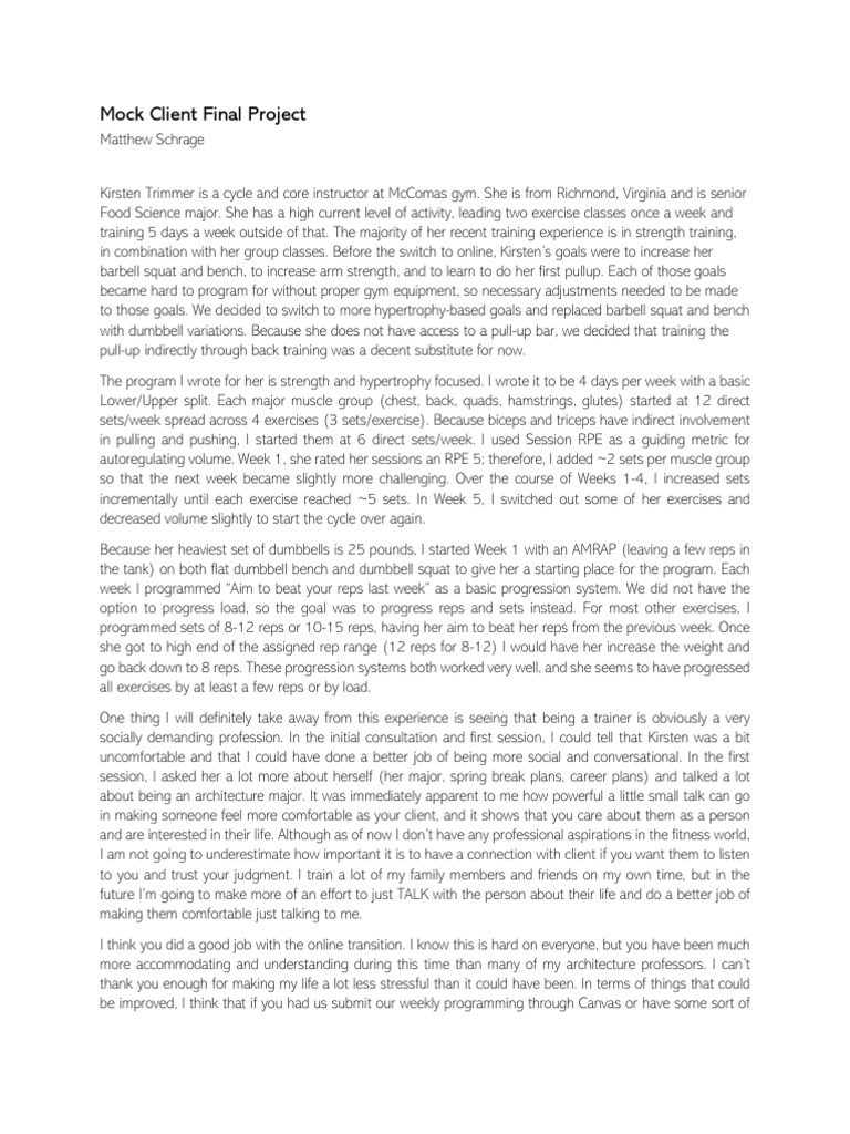 Mock Client Final Project (Summary, Workouts, Assessments) | PDF ...