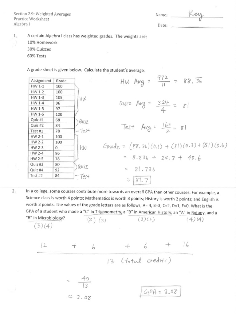 Weighted Average Worksheet With Answers Weighted Average Formula,