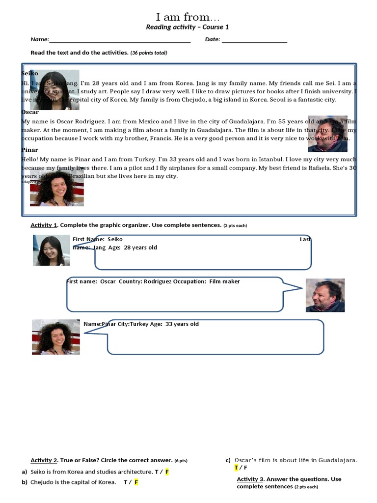 I Am From : Reading Activity - Course 1 | PDF