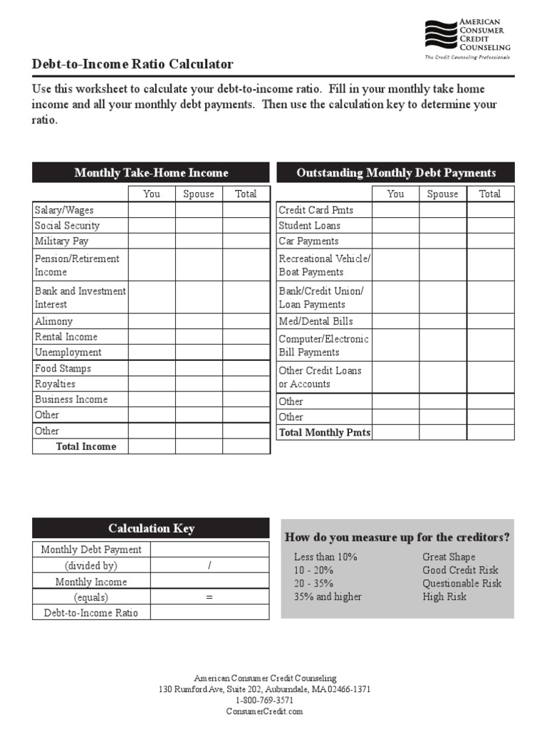 Debt-to-Income Ratio Calculator: Monthly Take-Home Income Outstanding ...