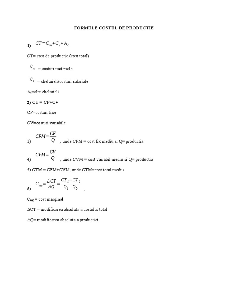 Formule Costul de Productie | PDF