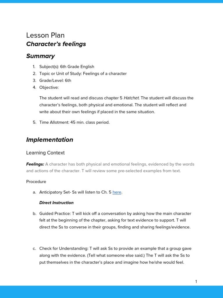 Lesson Plan: Character's Feelings | PDF | Language Arts & Discipline