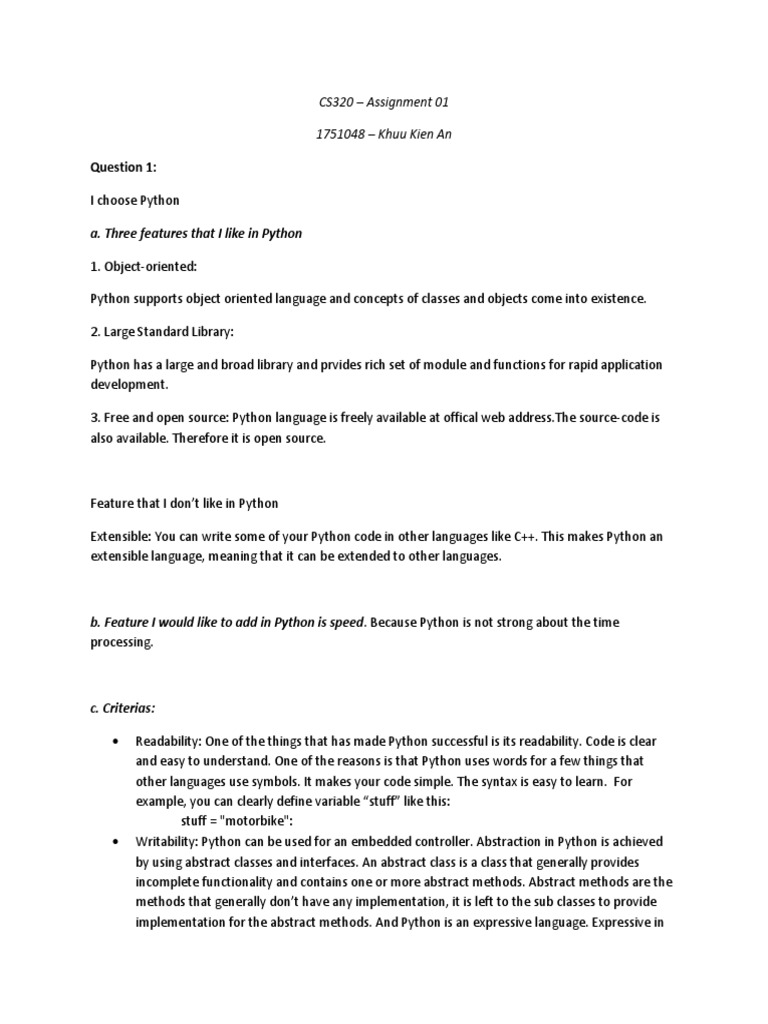 A. Three Features That I Like in Python: CS320 - Assignment 01 1751048 - Khuu Kien An | Download ...