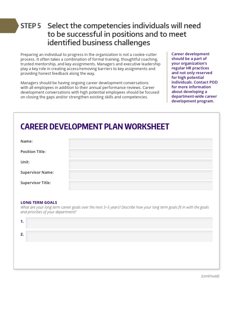 Career Development Plan Worksheet: To Be Successful in Positions and To ...