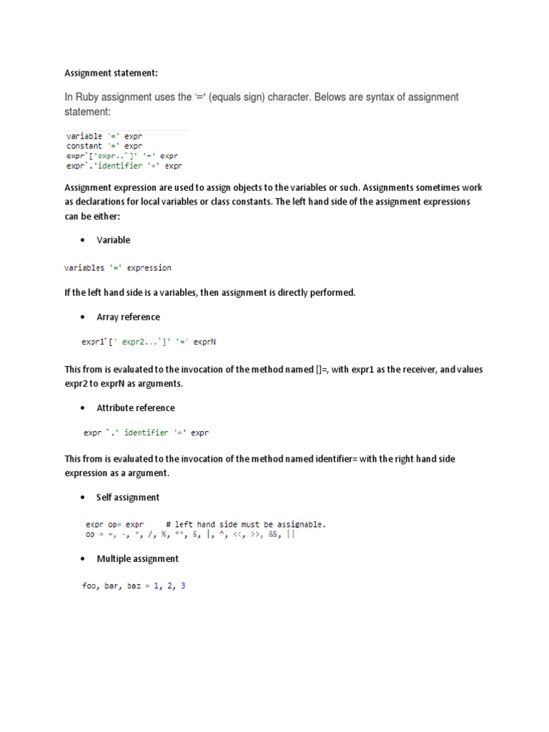 In Ruby Assignment Uses The (Equals Sign) Character. Belows Are Syntax ...