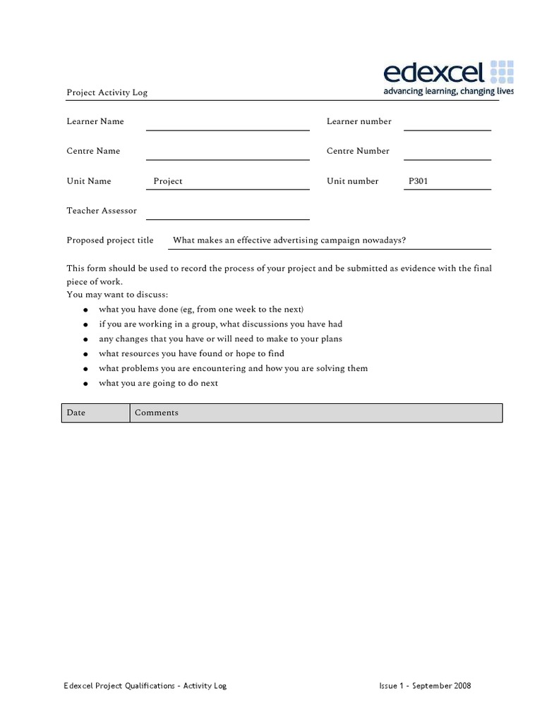 Edexcel Project Qualifications - Activity Log Issue 1 - September 2008 ...