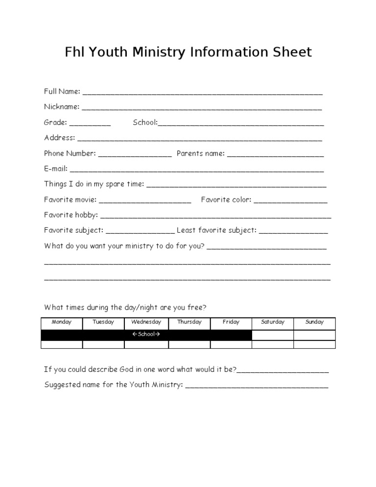 Youth Ministry Information Sheet | PDF