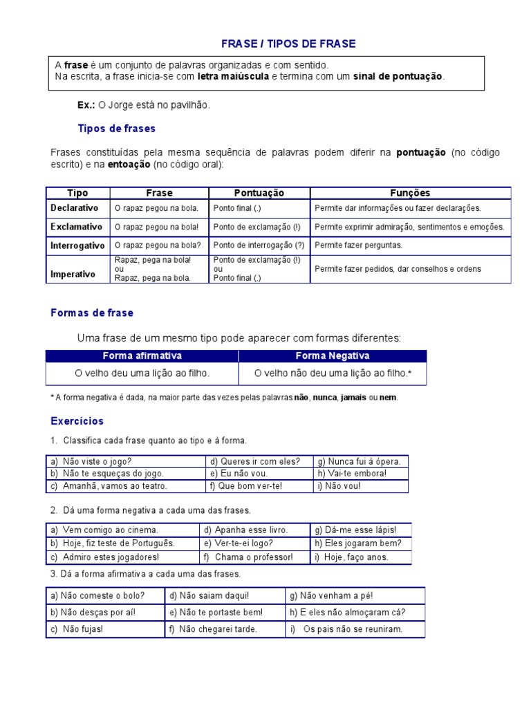 Tipos e Formas de Frases em Português | PDF