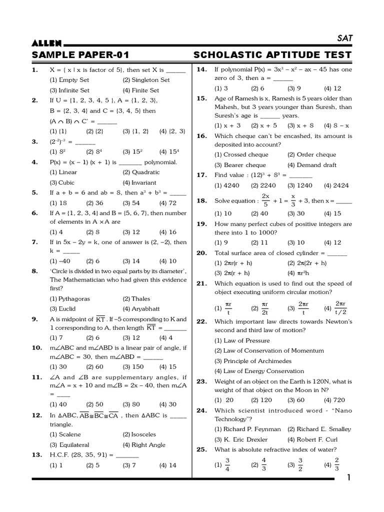 Sample Paper-01 Scholastic Aptitude Test: SAT Allen | PDF | Physical ...