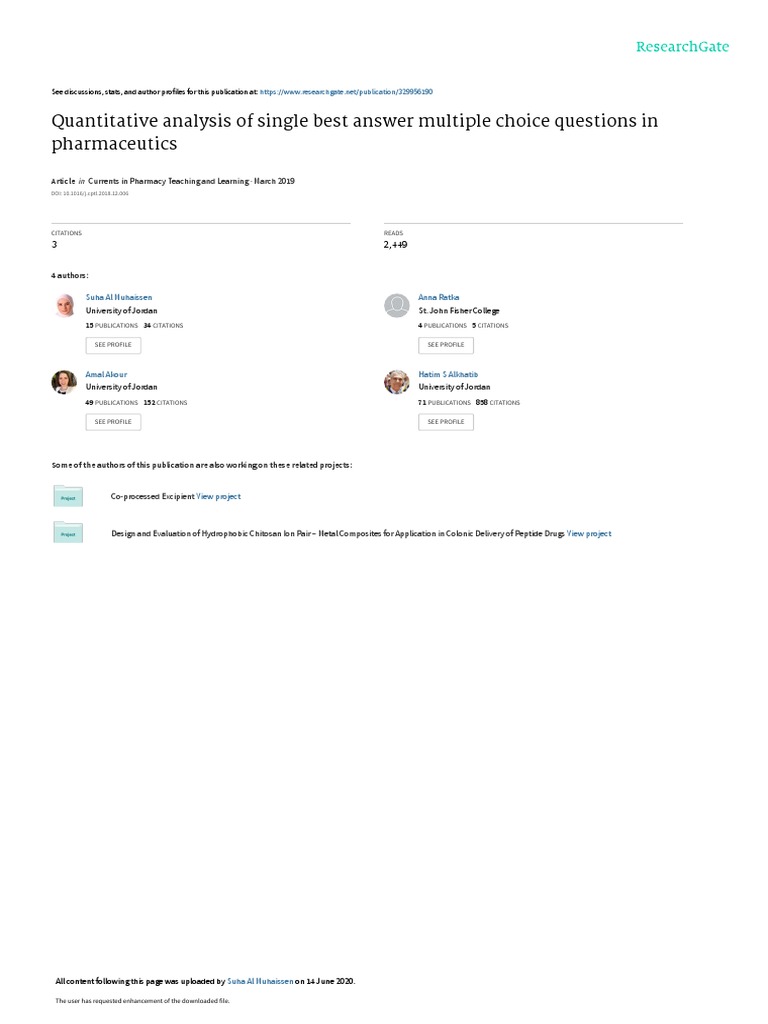 Quantitative Analysis of Single Best Answer Multiple Choice Questions in Pharmaceutics | PDF ...