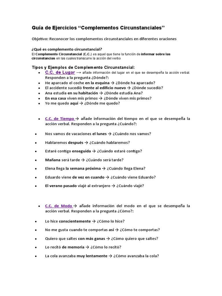 Guía de Ejercicios Complementos Circunstanciales. | PDF | Verbo