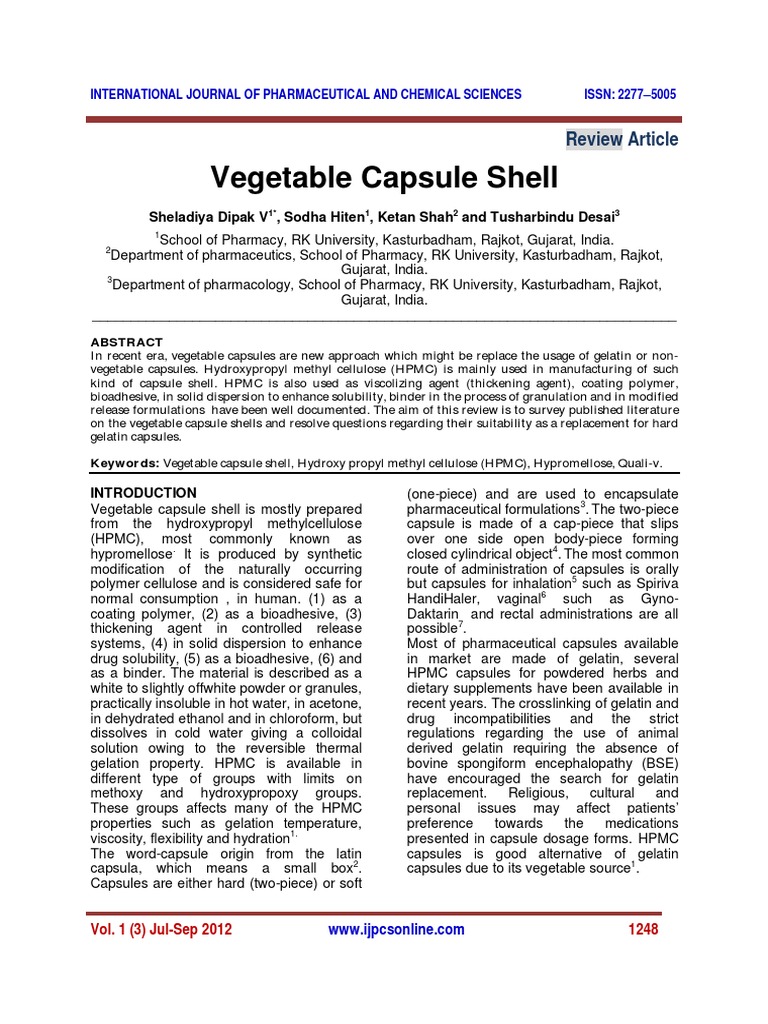 Vegetable Capsule Shell: Review Article | Download Free PDF | Gelatin ...