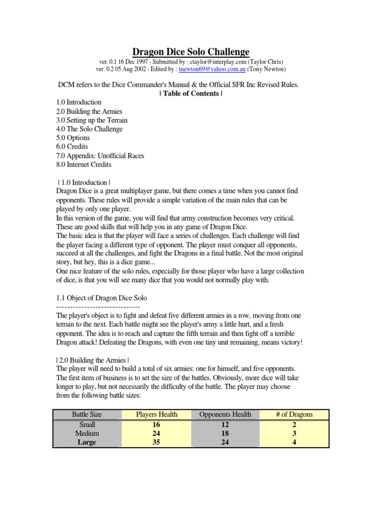 Dragon Dice Solo Challenge: - Table of Contents | PDF | Battles | Leisure