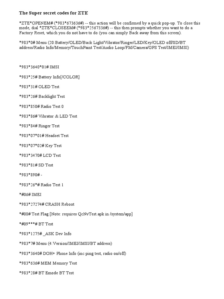 The Super secret codes fоr ZTE | PDF | Information Appliances | Computing