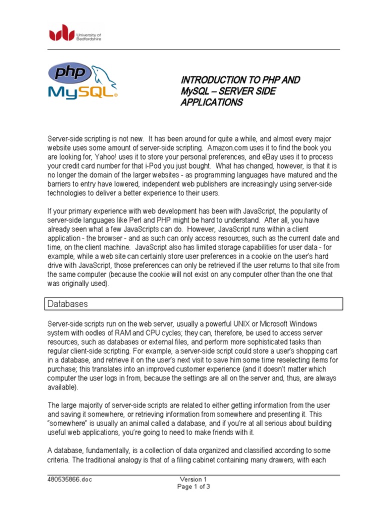 Introduction To PHP and Mysql - Server Side Applications: 480535866.doc ...