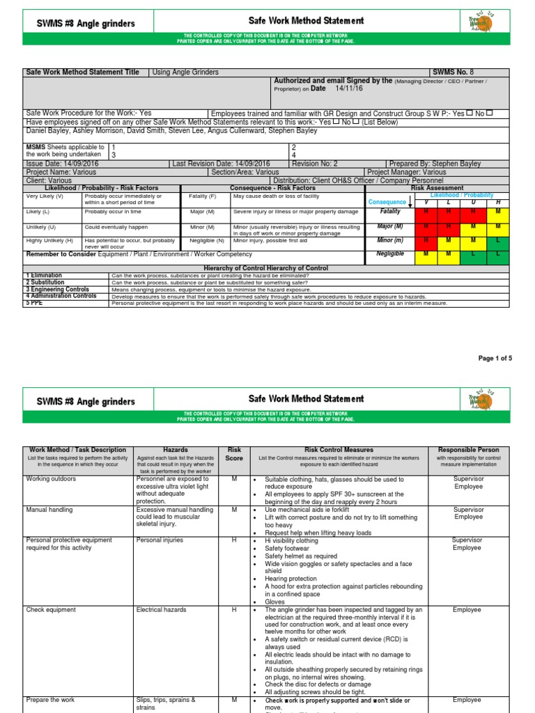 SWMS #8 Angle Grinders Safe Work Method Statement | PDF | Personal ...