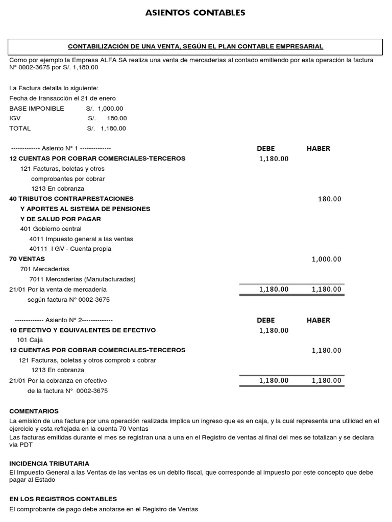 Asientos Contables Contabilización de Una Venta, Según El Plan Contable ...