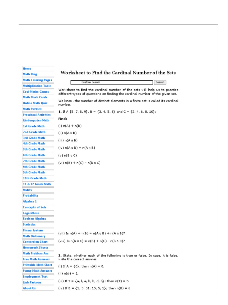 Worksheet To Find The Cardinal Number of The Sets - Cardinal Number of ...