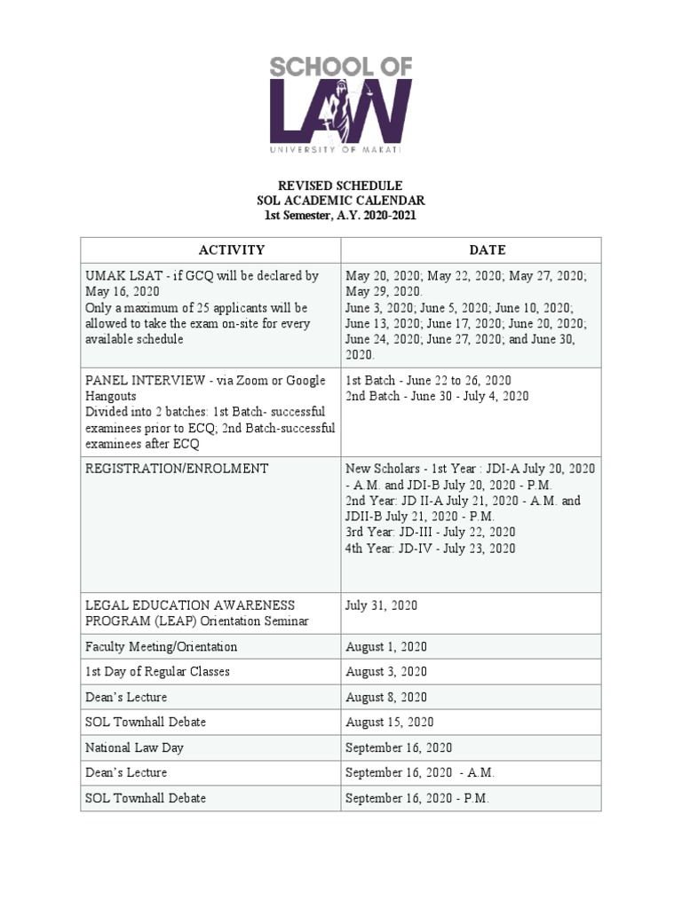 Acad Calendar UMAK SOL 2020 | PDF | Vocational Education | Government