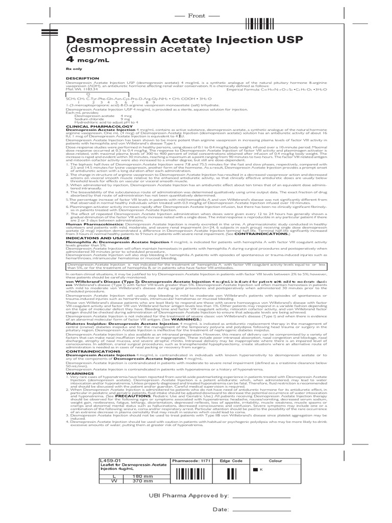 Desmopressin Acetate Injection USP | PDF | Hemostasis | Dose (Biochemistry)