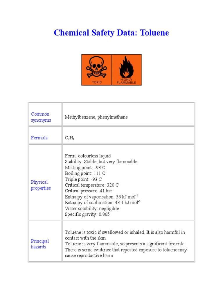 Chemical Safety Data: Toluene: Common Synonyms | PDF