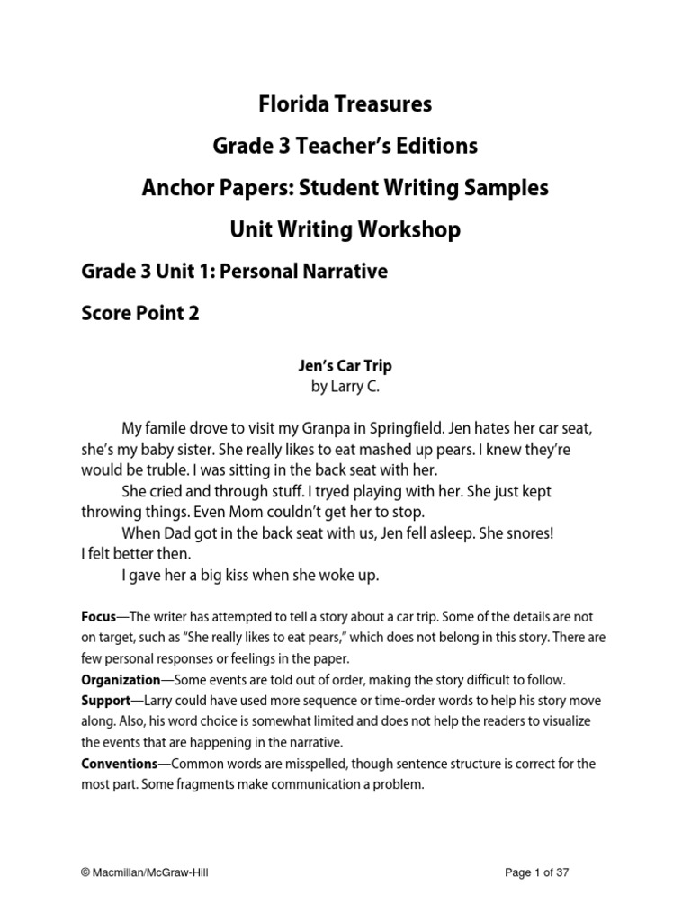 Florida Treasures Grade 3 Teacher's Editions Anchor Papers: Student ...