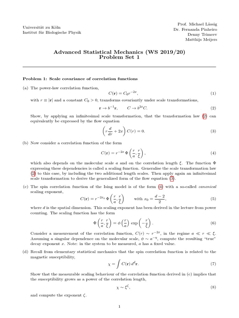 Advanced Statistical Mechanics (WS 2019/20) Problem Set 1 | PDF ...