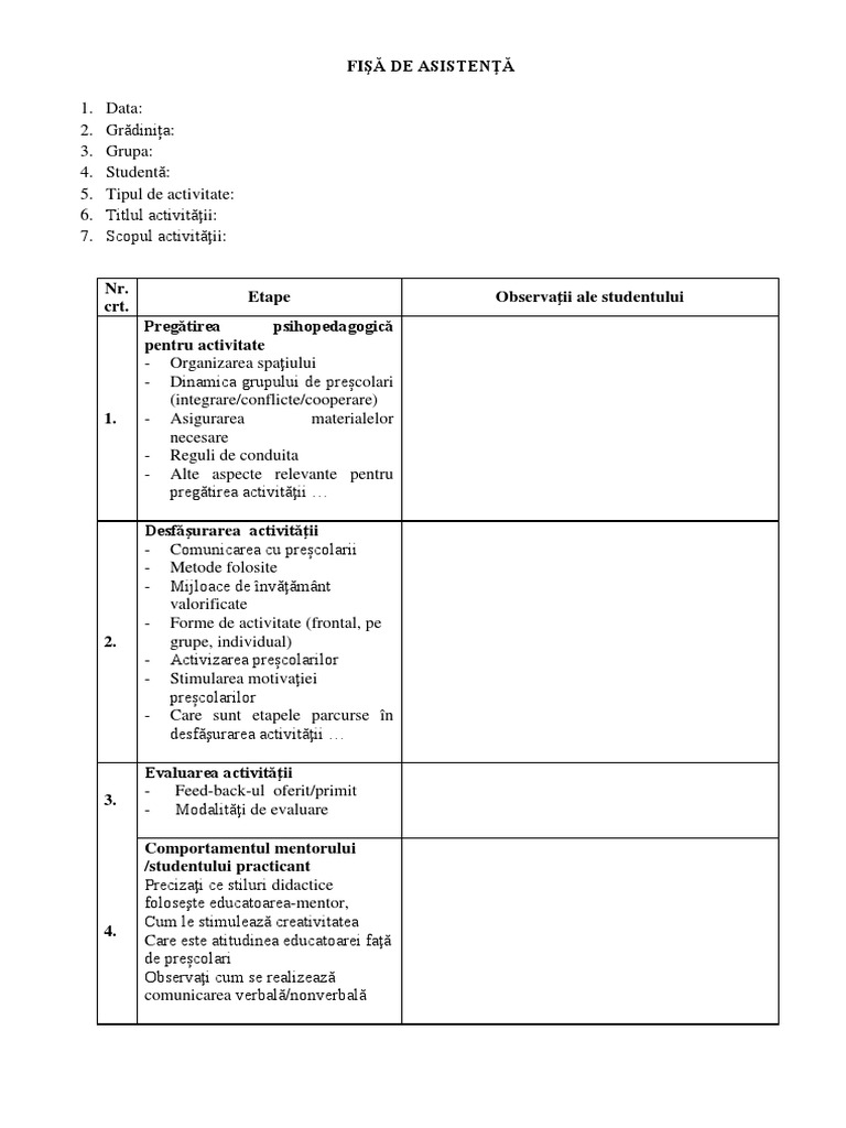 Fisa de Asistenta Si Jurnal Reflexiv La PIPP | PDF
