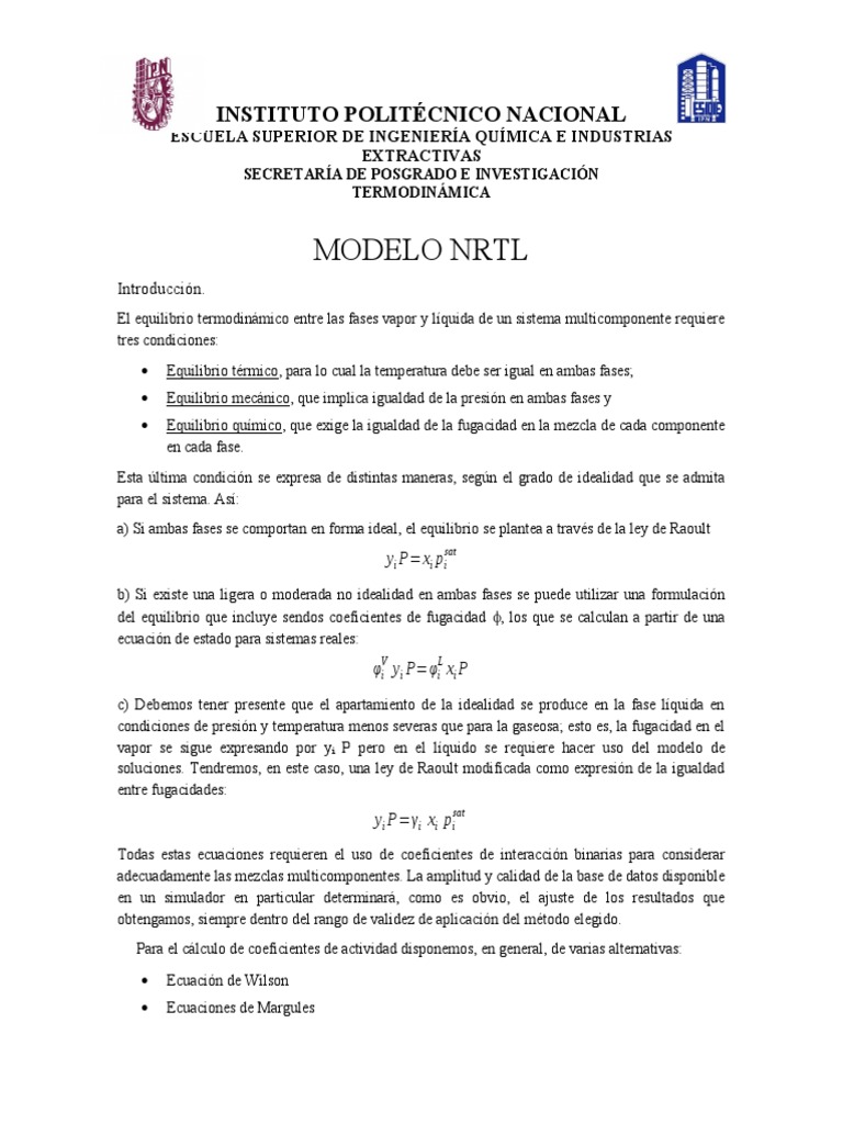 Modelo NRTL en Equilibrio Líquido-Vapor | PDF | Mecánica estadística ...
